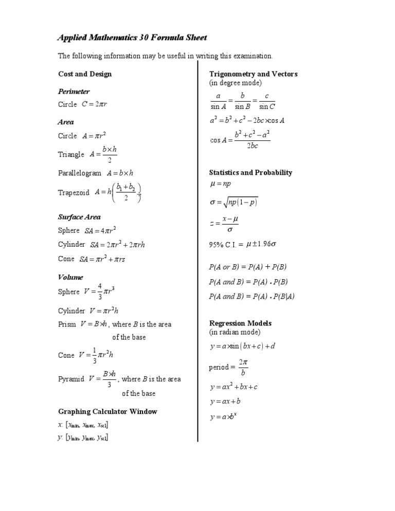 Applied Mathematics 30 Formula Sheet | PDF | Area | Geometry