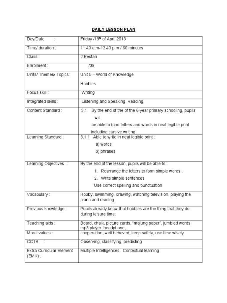 Daily Lesson Plan - Hobbies. Session 1 | PDF | Lesson Plan | Reading ...