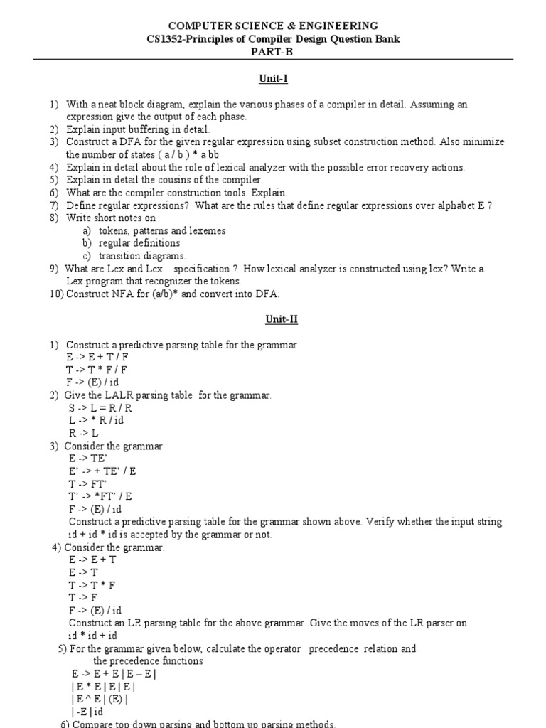 Computer Science & Engineering CS1352-Principles of Compiler Design Question Bank Part-B Unit-I ...