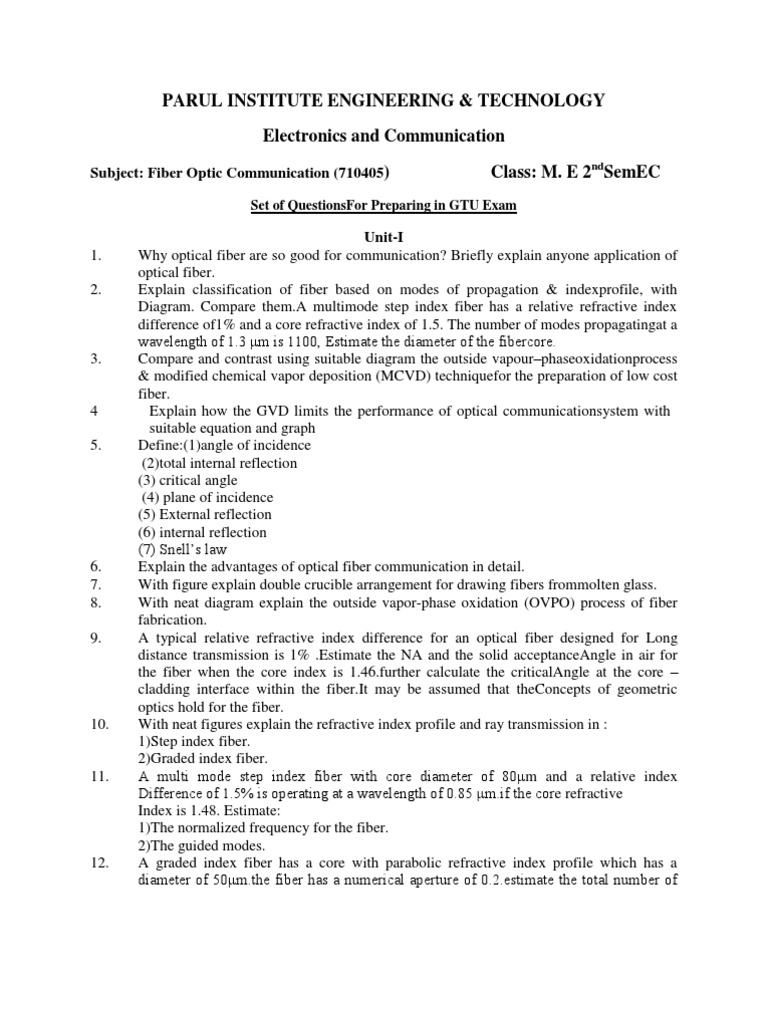 PARUL INSTITUTE ENGINEERING & TECHNOLOGY Electronics and Communication Fiber Optic Communication ...