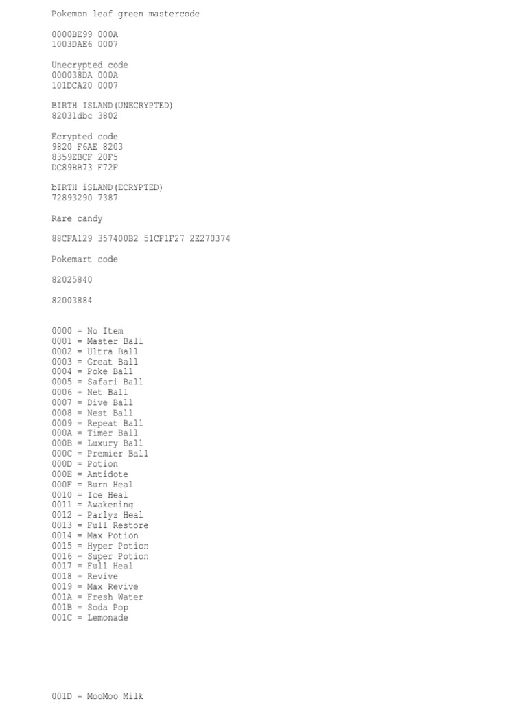 Pokemon Leaf Green Cheats | PDF | Artificial Mythology | Pokémon