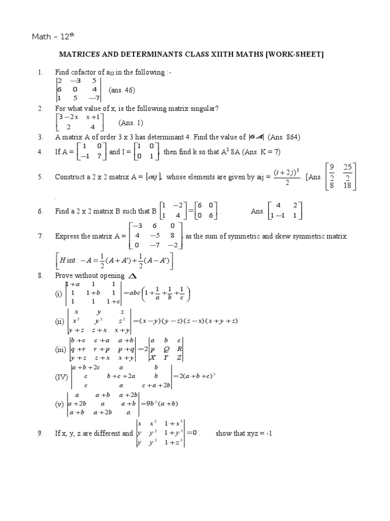 Matrices and Determinants Class Xiith Maths (Work-Sheet) : Z y X X Z Z ...