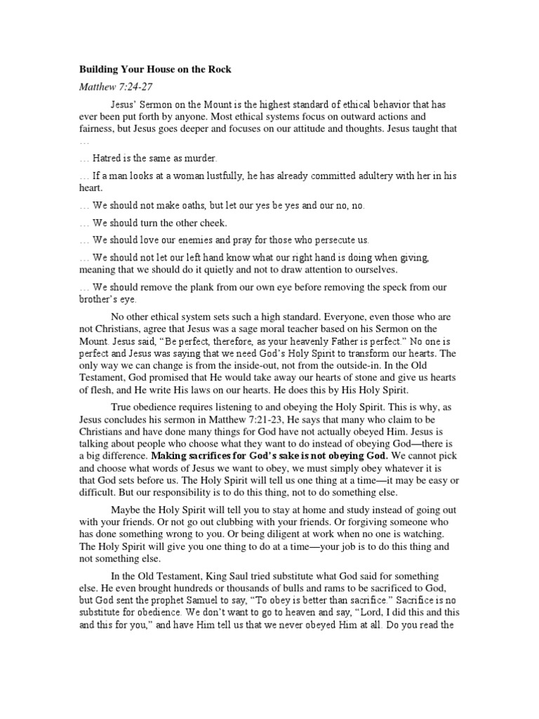 Building Your House On The Rock (Sermon) | PDF | Gospel Of Matthew ...