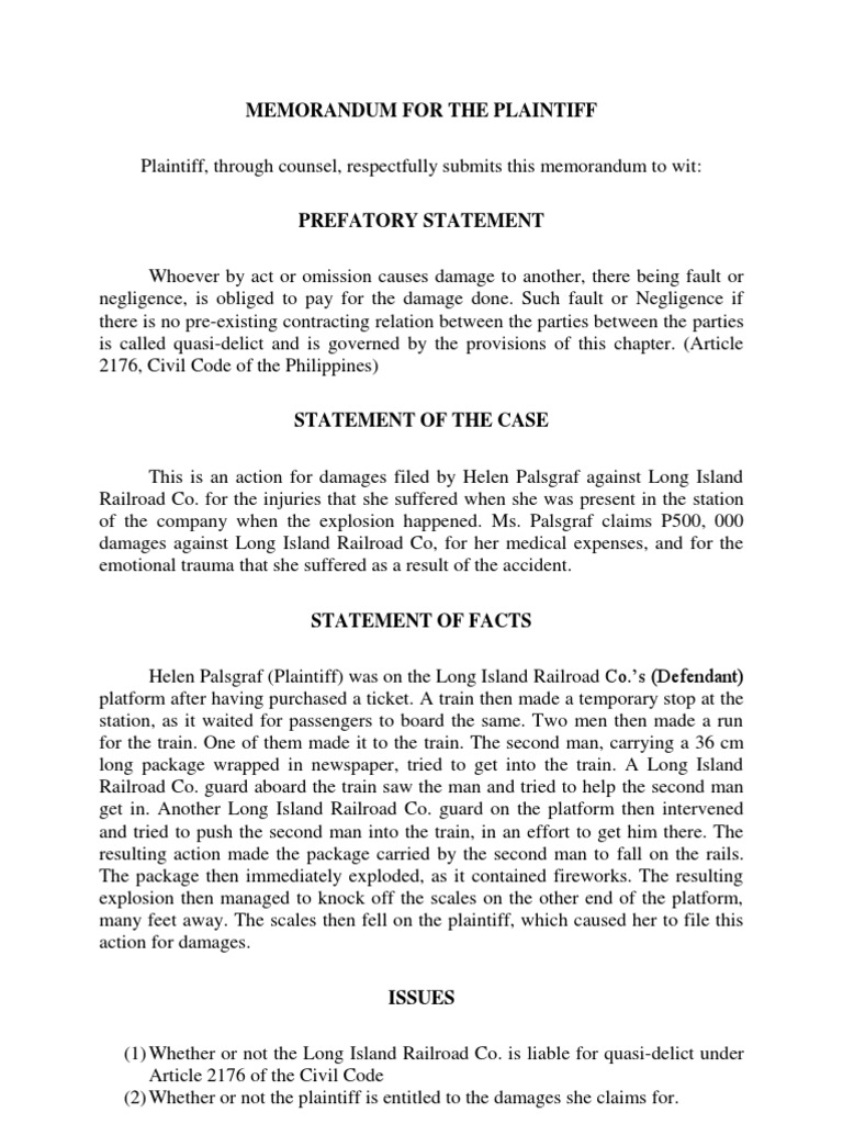 Legal Memorandum For Palsgraf vs. Long Island | PDF | Negligence | Damages