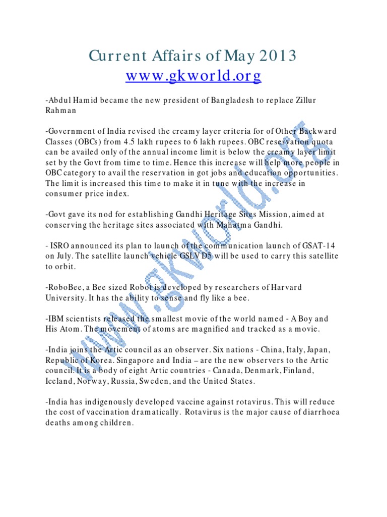 May 2013 Current Affairs Highlights | PDF | Business
