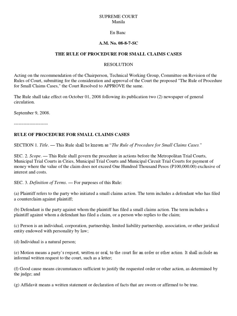 A.M. No. 08-8-7-SC The Rule of Procedure For Small Claims Cases | PDF ...