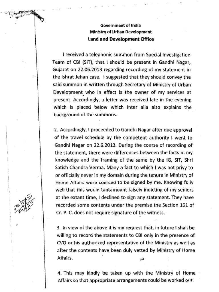 Former Home Ministry Official RV Mani's Letter | PDF