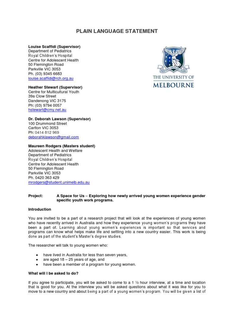 The Plain Language Statement | PDF | Confidentiality | Personally ...