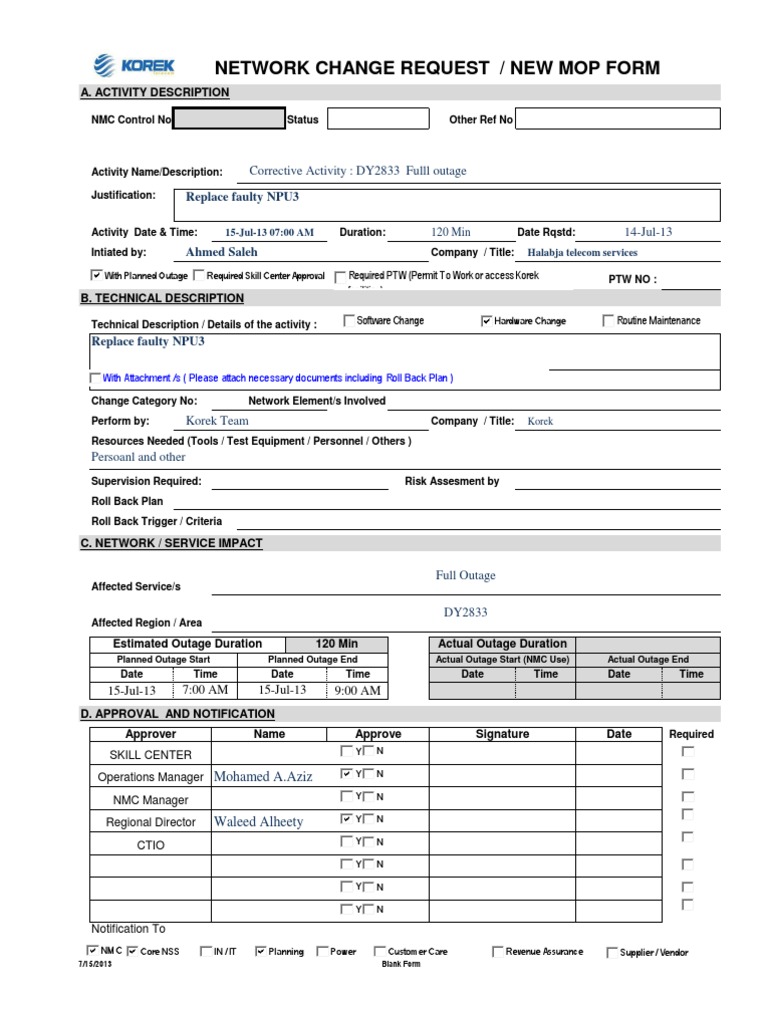 Network Change Request / New Mop Form: Corrective Activity: DY2833 ...