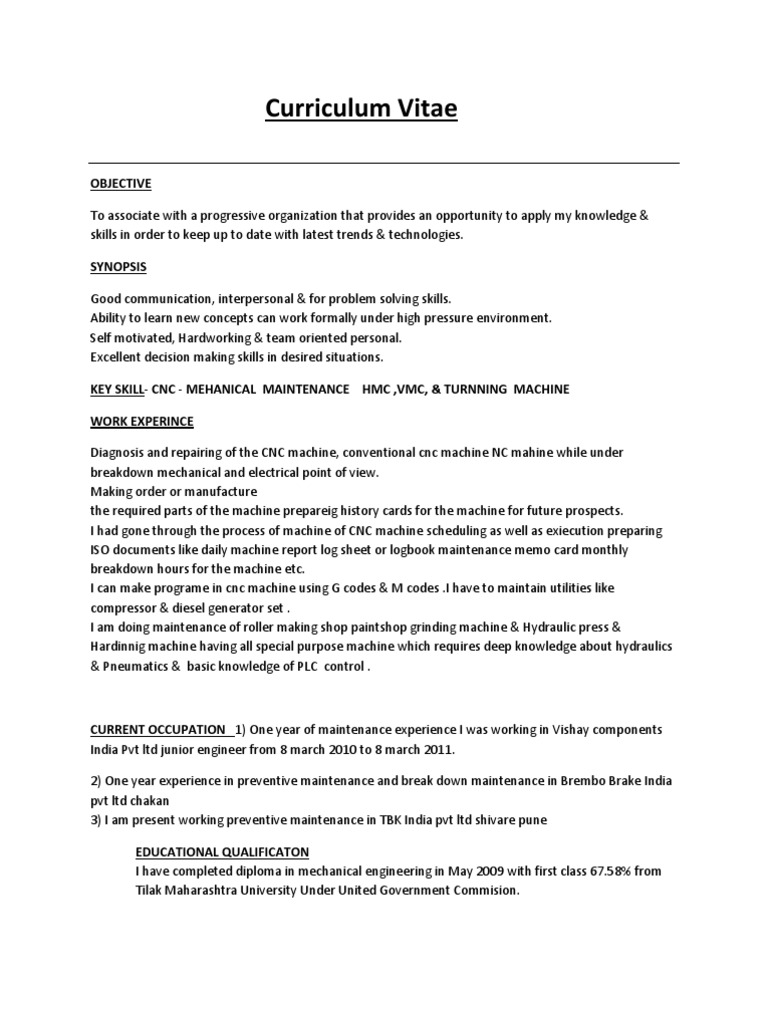 Curriculum Vitae: Objective | PDF | Numerical Control | Engineering