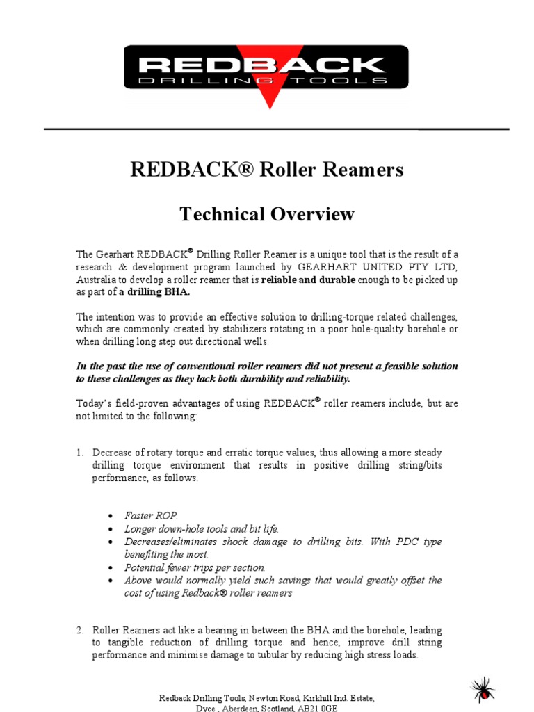 REDBACK® Roller Reamers: Technical Overview | PDF | Bearing (Mechanical) | Machines