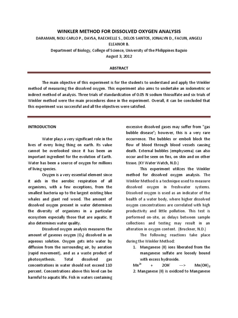 Winkler Method For Dissolved Oxygen Analysis | PDF | Oxygen | Water