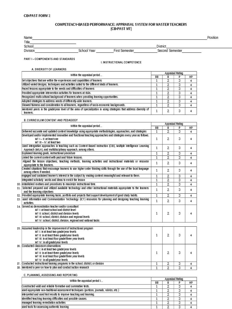 Cb-Past Form 2 Competency-Based Performance: Appraisal System For Master Teachers (Cb-Past MT ...