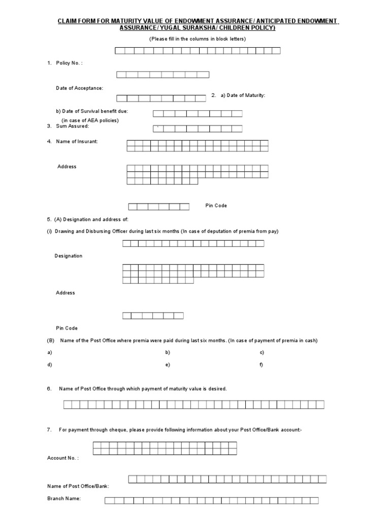 Maturity Claim Form for Endowment Policies | PDF
