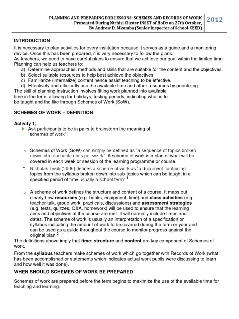 How To Prepare Schemes of Work, A Paper Presented at Ntchisi Secondary ...