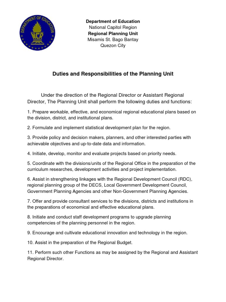 Duties and Responsibilities of The Planning Unit | PDF