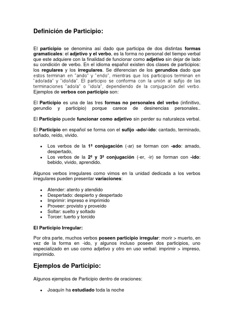 Definición de Participio | Verbo | Conjugación gramatical