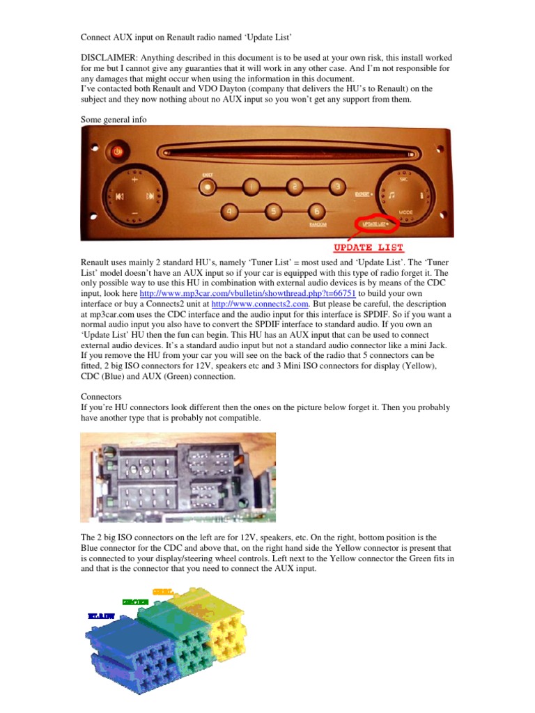 Connecting AUX to Renault Update List Radio | PDF