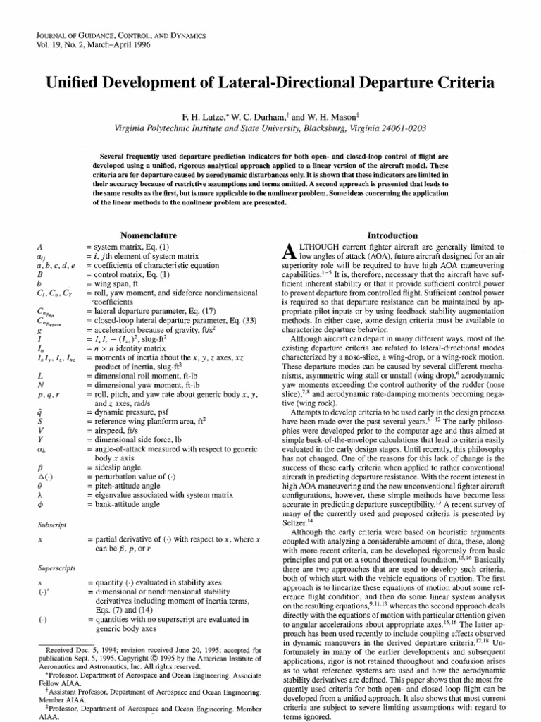 Unified Development of Lateral Directional Departure Criteria | PDF | Stability Theory | Flight ...