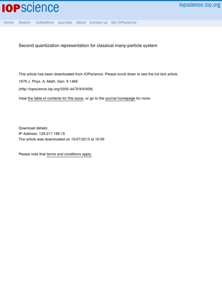 Second Quantization Representation For Classical Many-Particle System PDF | PDF | Quantization ...