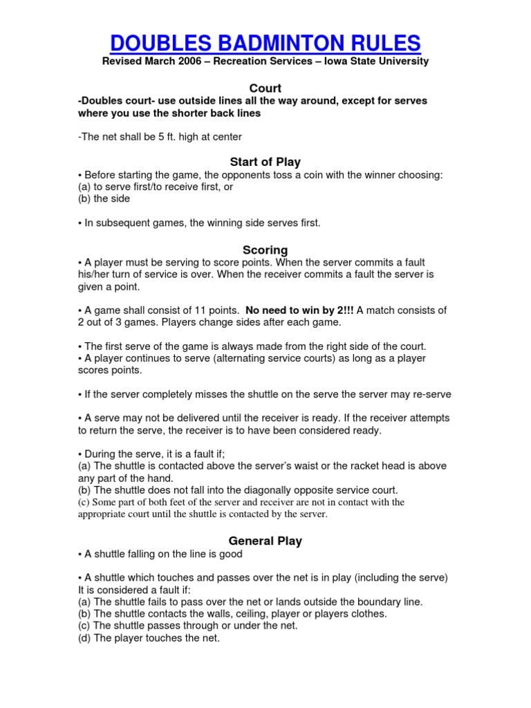 Doubles Badminton Rules: Court | PDF | Sports | Athletic Sports