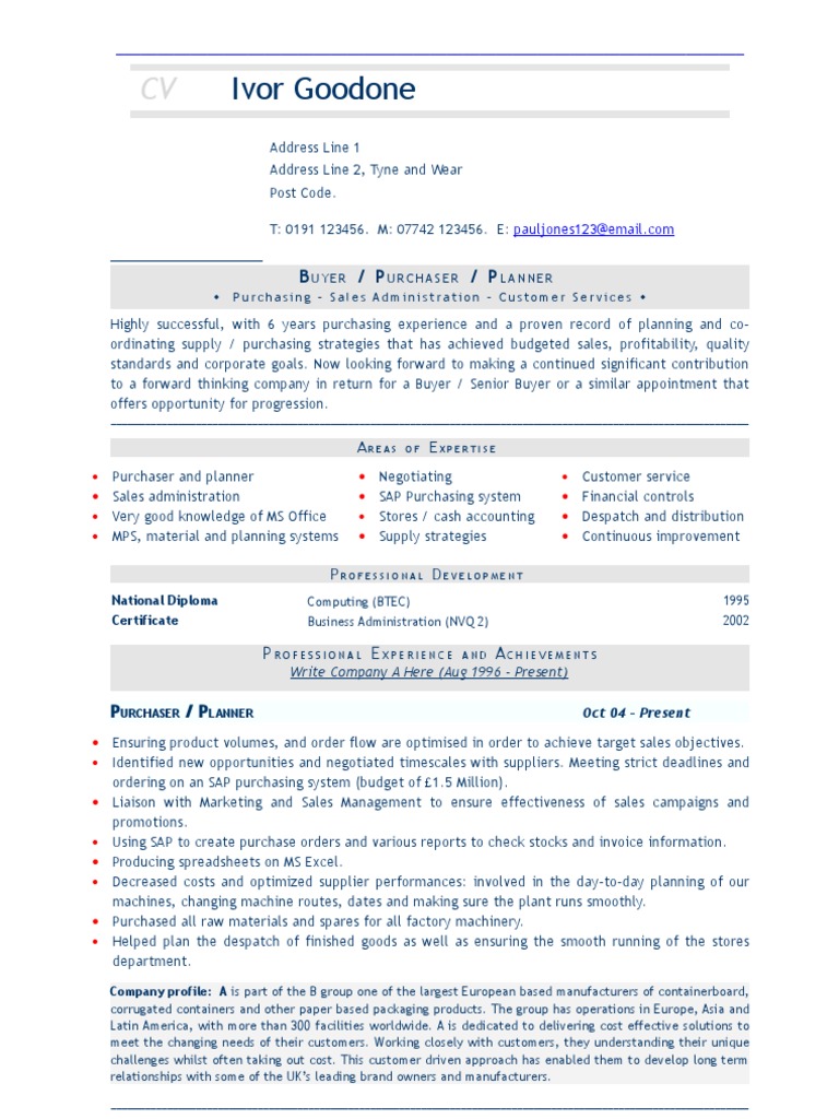 Buyer Purchaser Resume CV Template | PDF
