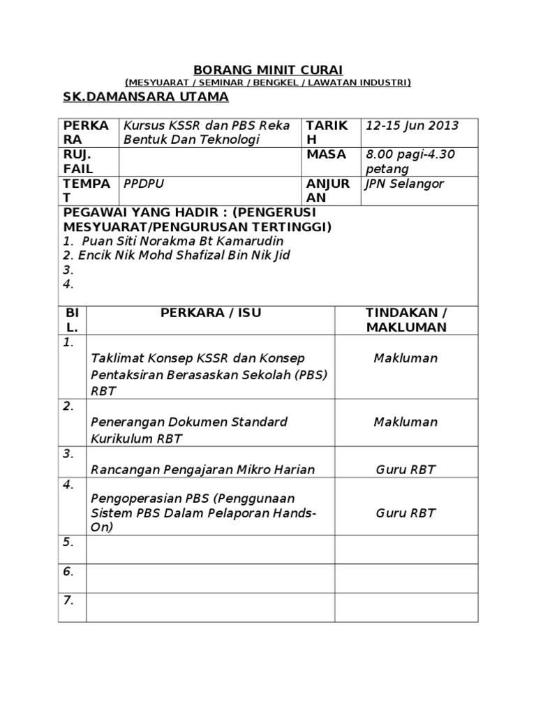 Minit Curai Kursus KSSR RBT | PDF