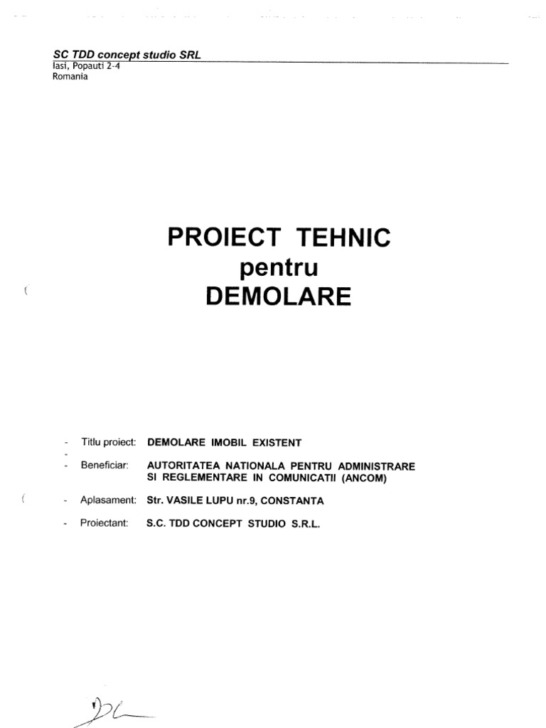 Proiect Tehnic Demolare | PDF