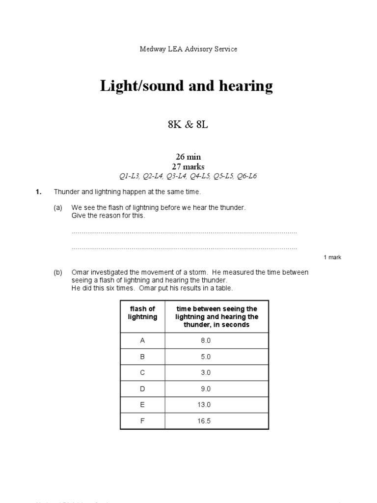 Class 8 Sound and Light Assessment | PDF | Decibel | Thunder