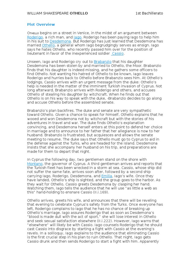 Roderigo Iago Desdemona Othello Cassio Brabanzio: Plot Overview | Download Free PDF | Othello | Iago