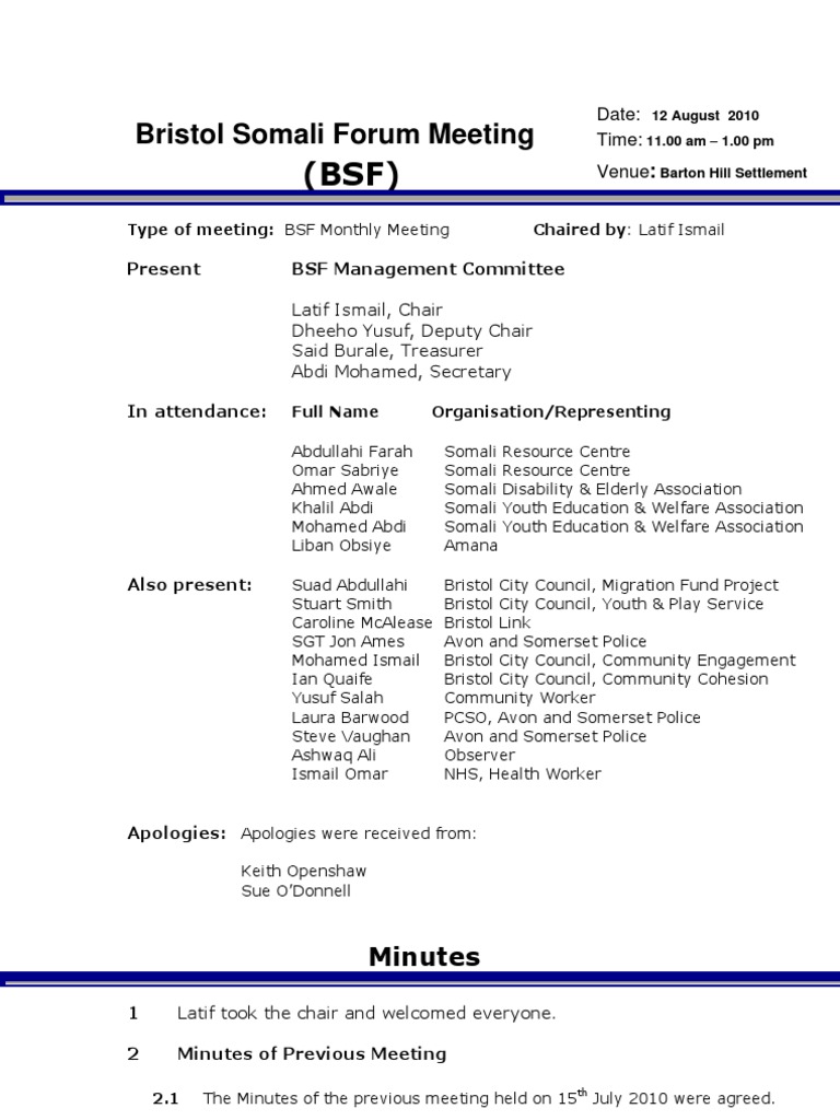 BSF Minutes of Meeting 12.08.2010 | PDF