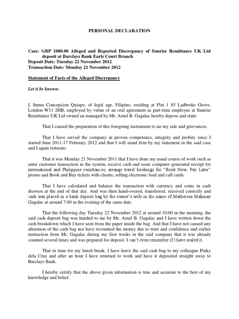 Personal Declaration | PDF | Cash | Financial Transaction