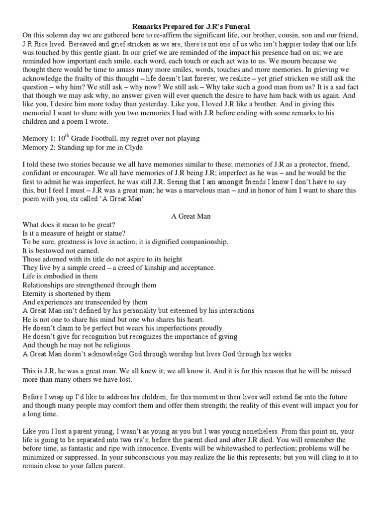 Remarks Prepared for (My Friend) J.R’s Funeral | Grief | Funeral