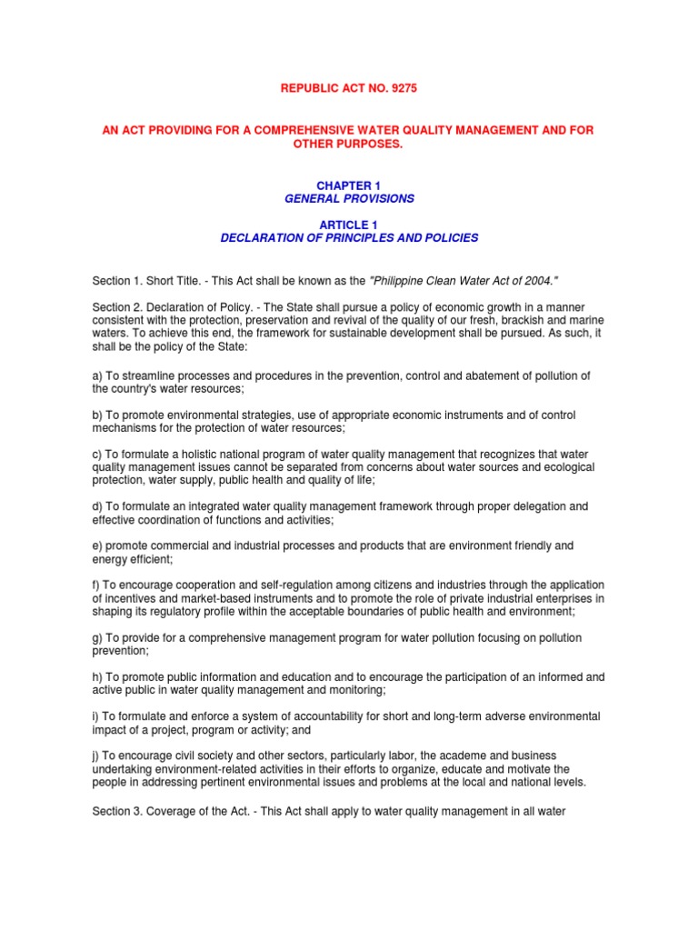 R.A. 9275 - Philippine Clean Water Act of 2004 | Download Free PDF ...