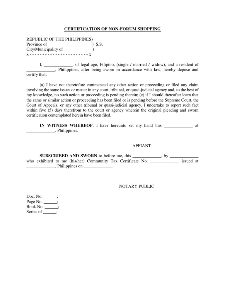 Certification of Non-Forum Shopping | PDF