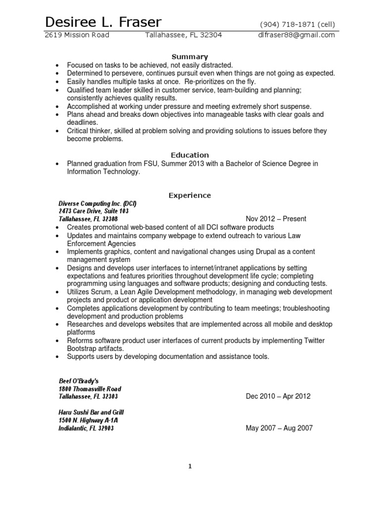 Desiree Fraser - Resume 2013 | PDF | Software Development | Web Development