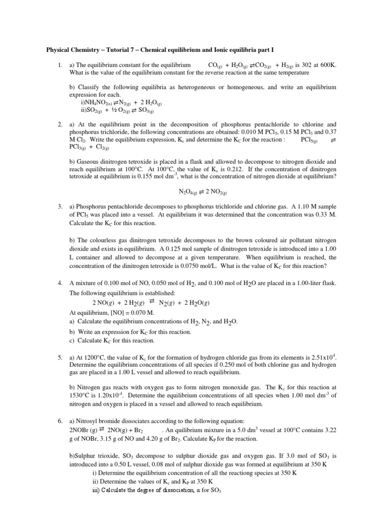 Tutorial 7-Chemical Equilibrium and Ionic Equilibria Part I | PDF ...