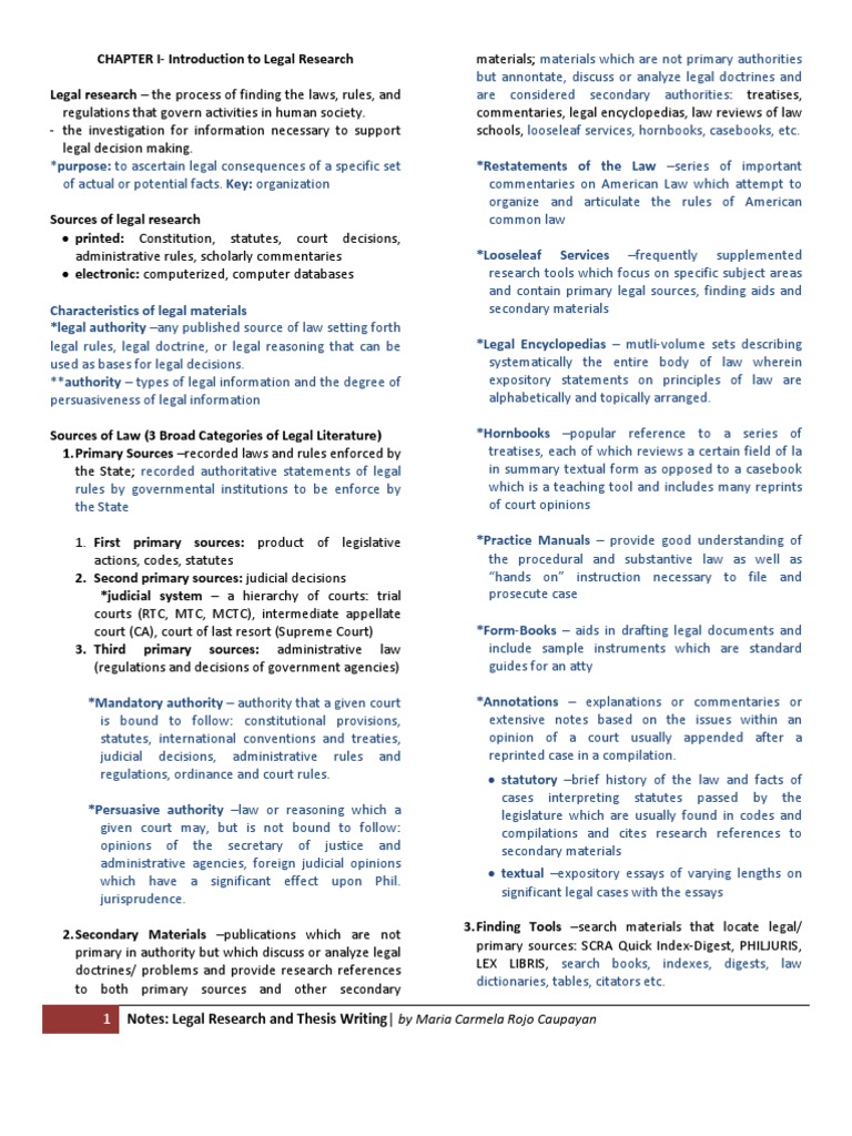 Legal Research and Thesis Writing Chapter 1 Notes (JD 113) | PDF ...