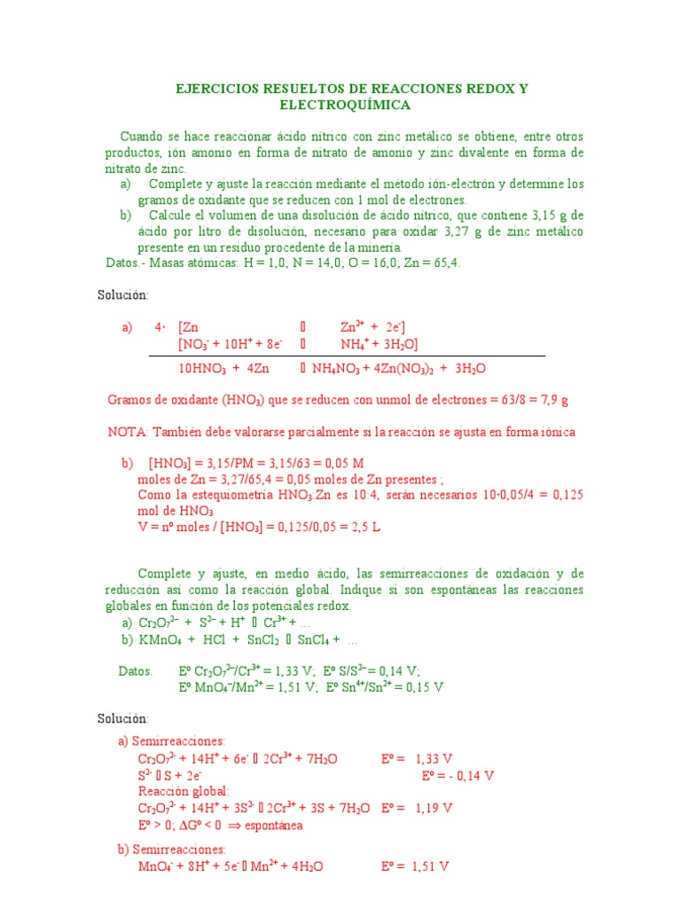 Ejercicios Resueltos de Electroquimica | PDF | Redox | Cloro
