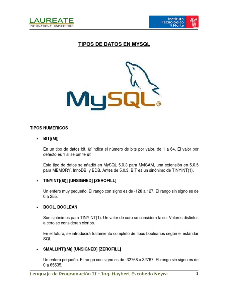 Tipos de Datos en MySql | PDF | Tipo de datos | Byte