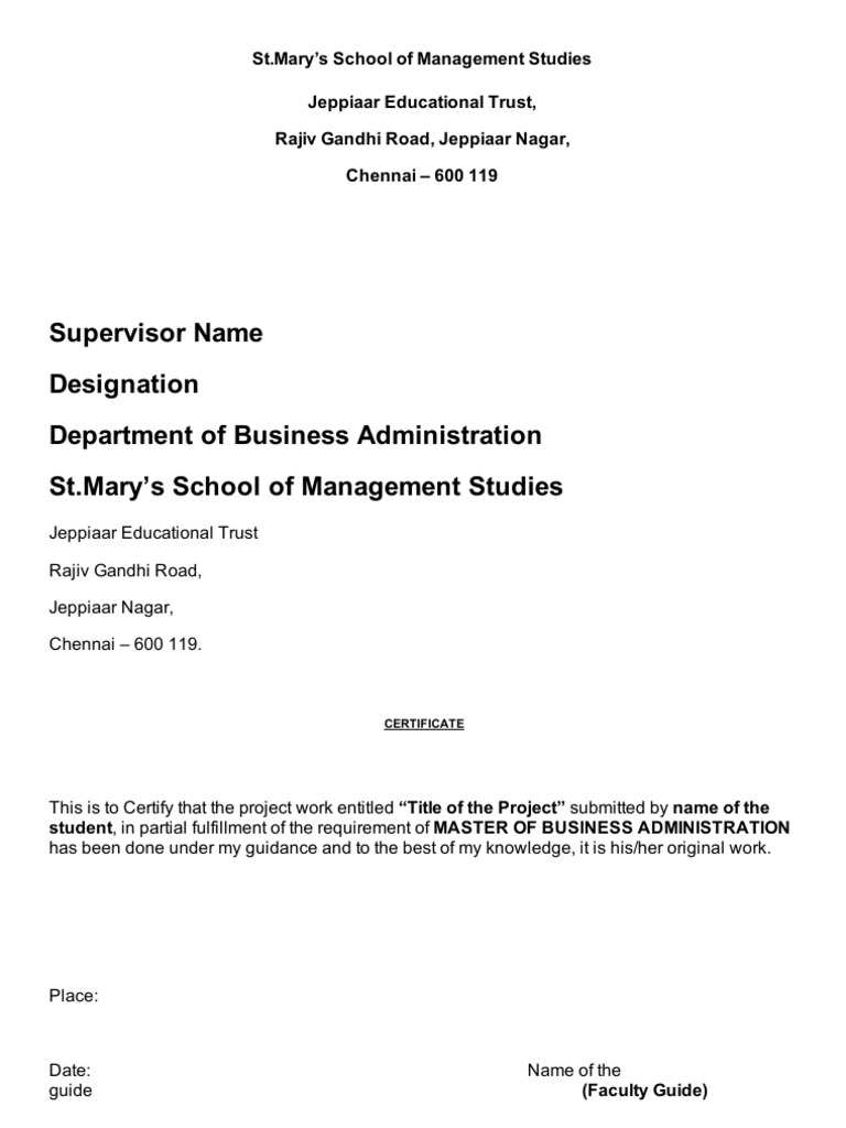 Supervisor Name Designation Department of Business Administration ST ...