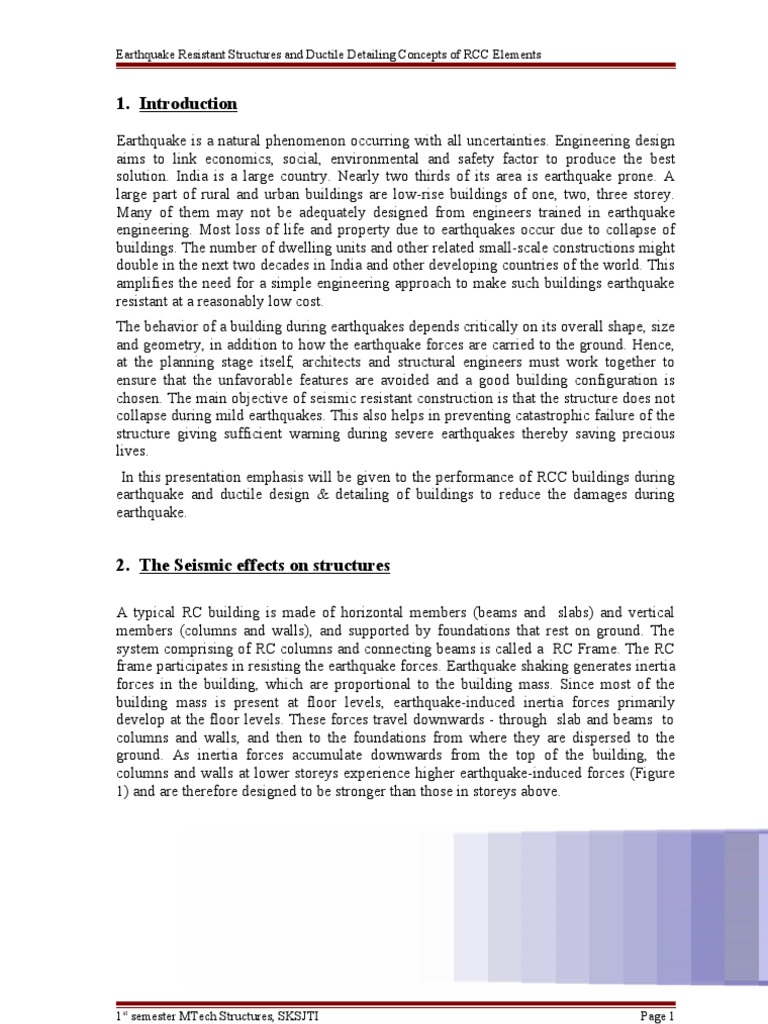 Earthquake Resistant Structures and Ductile Detailing Concepts of RCC ...