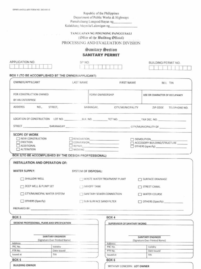 DPWH Sanitary Permit Form.pdf | Sanitation | Infrastructure