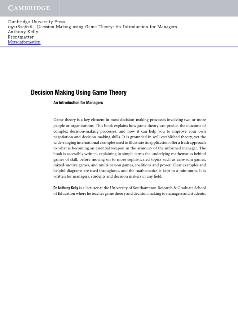 Decision Making Using Game Theory: An Introduction For Managers | PDF | Game Theory | Economics ...
