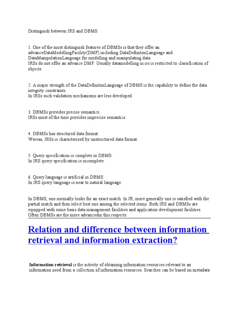 Distinguish Between Irs And Dbms And Dm Pdf Information Retrieval 3468
