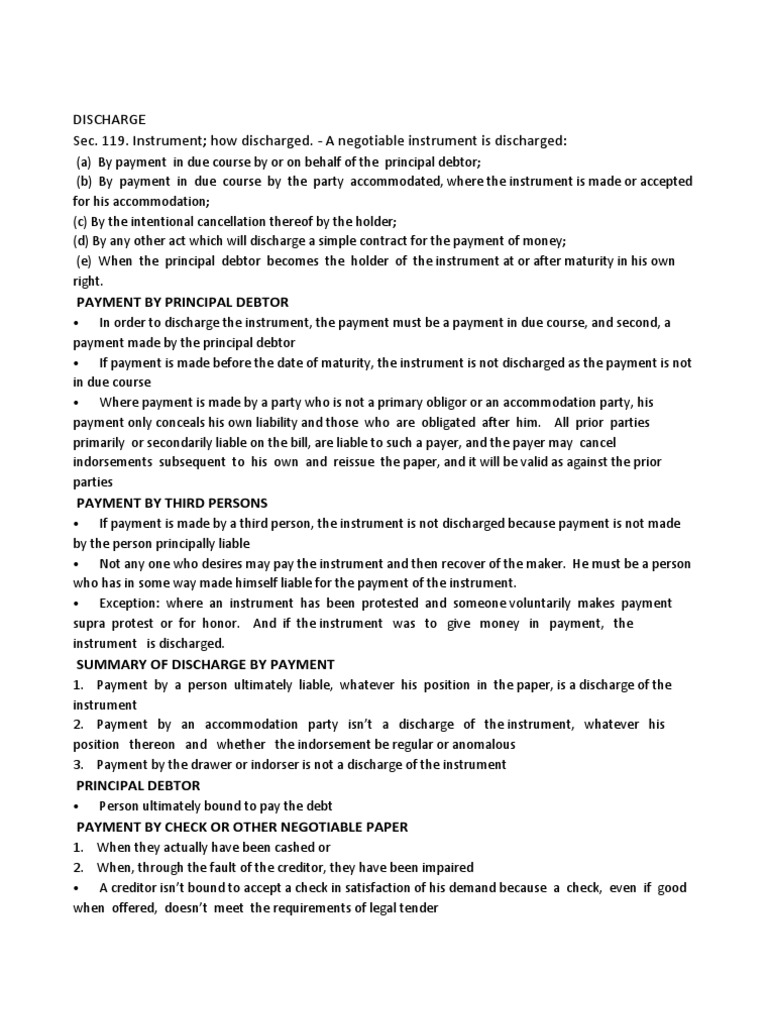 Discharge Sec. 119. Instrument How Discharged. - A Negotiable Instrument Is Discharged | PDF ...