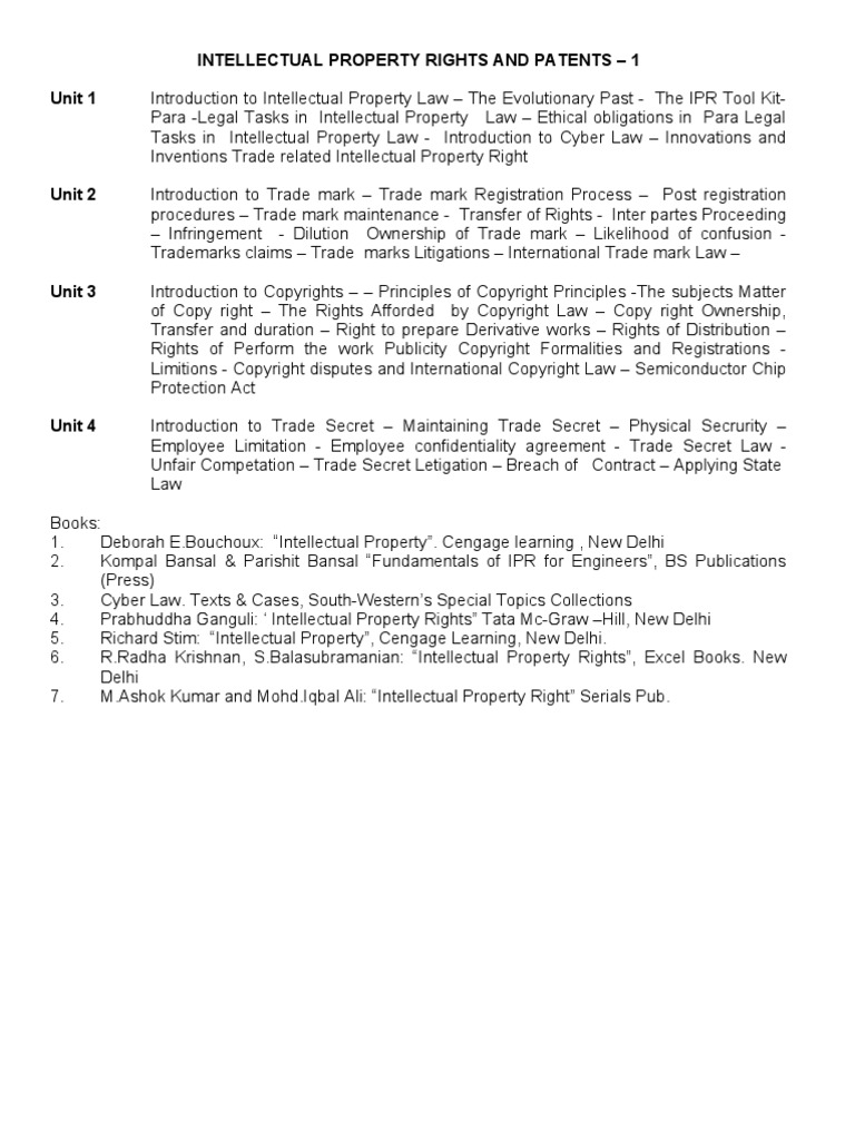 IPR & Patents 1&2 Syllabus | PDF | Intellectual Property | Trademark