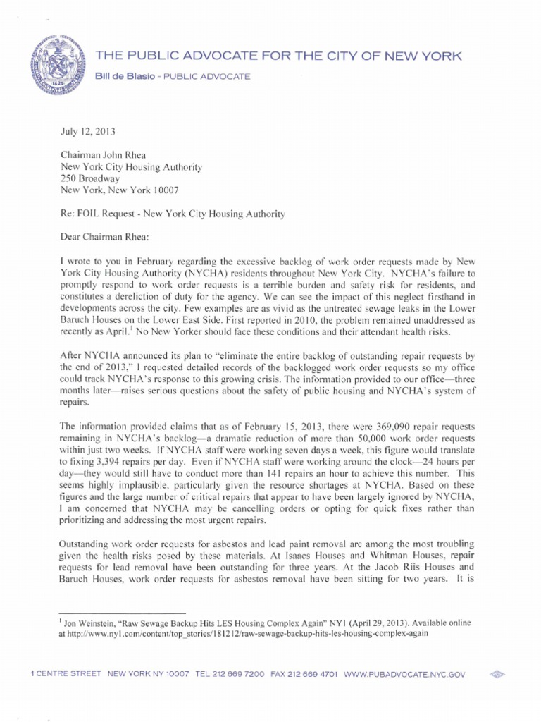 Letter To NYCHA Chairman Rhea On Repairs Backlog | PDF