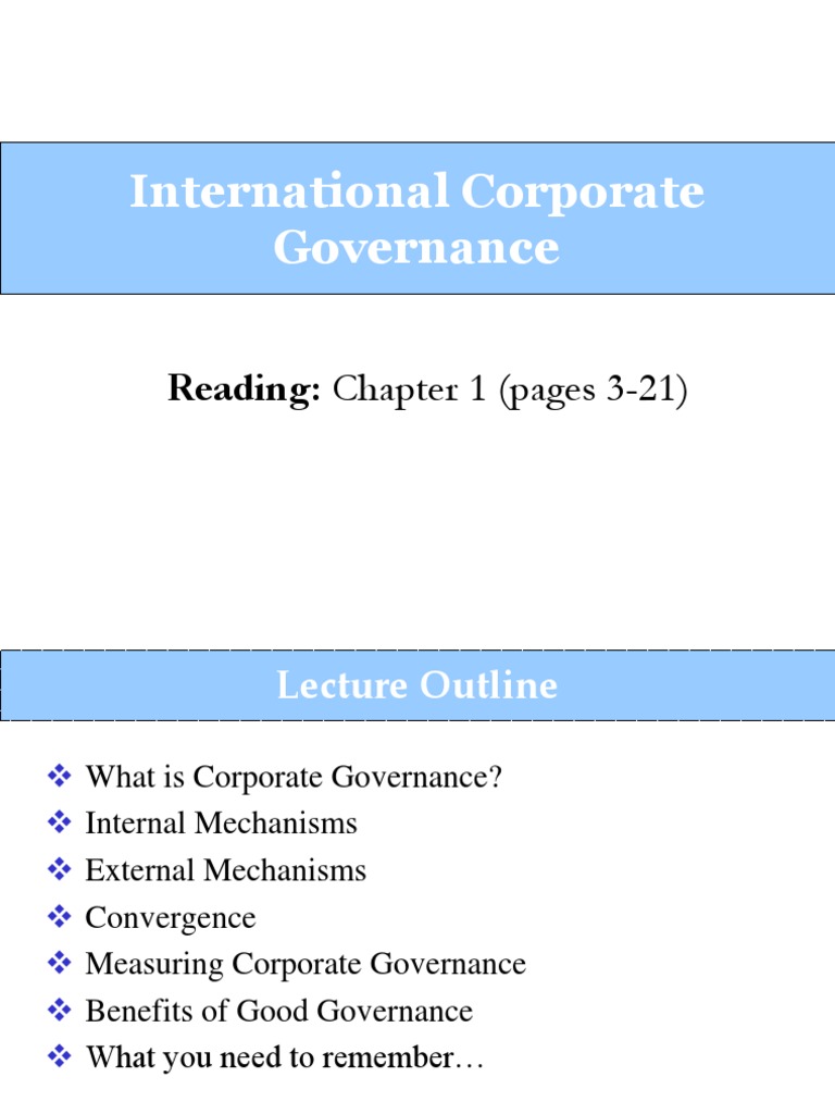 International Corporate Governance: Reading: Chapter 1 (Pages 3-21 ...