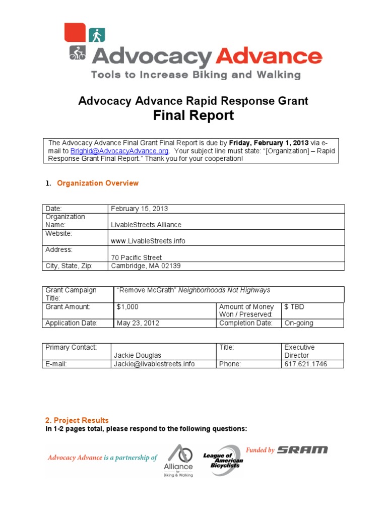 Rapid Response Grant Final Report Form - LivableStreets Alliance - Feb2013 | PDF | Volunteering ...